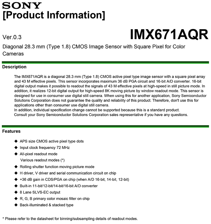 Появились спецификации датчика изображения Sony IMX671AQR