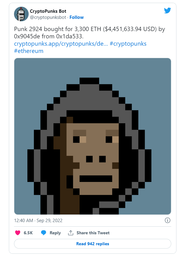 NFT CryptoPunk #2924 продан почти за $4,5 млн